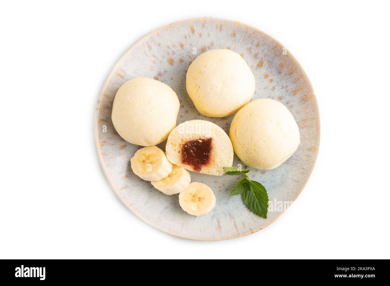 Japanese rice sweet buns mochi filled with jam isolated on white ...