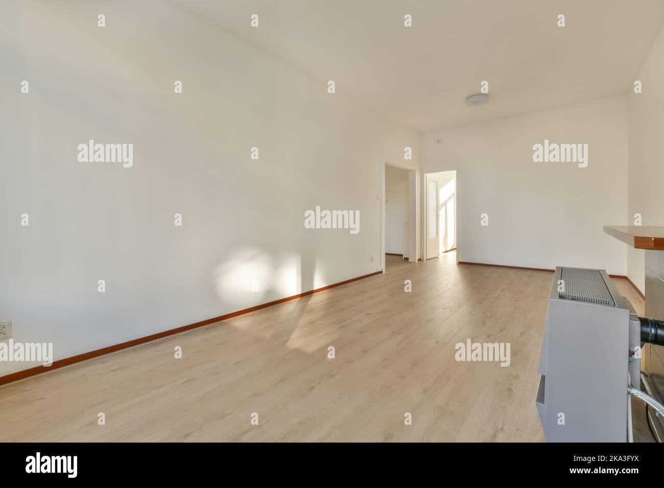 Interior of spacious empty light room with white walls and ceiling and ...