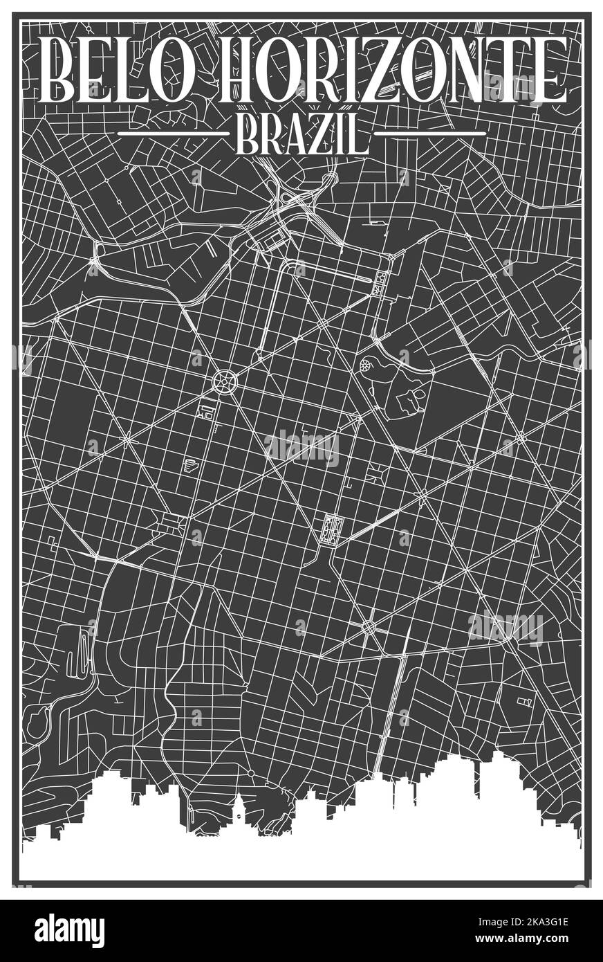 Hand-drawn downtown streets network printout map of BELO HORIZONTE ...