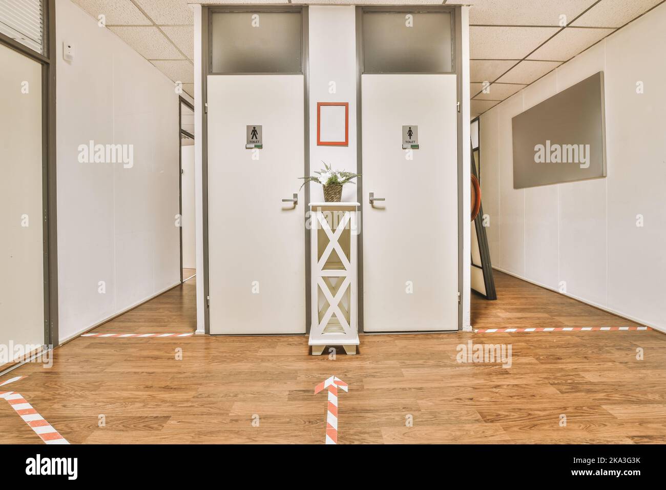 Interior of spacious light hallway with toilet door with gender signs ...
