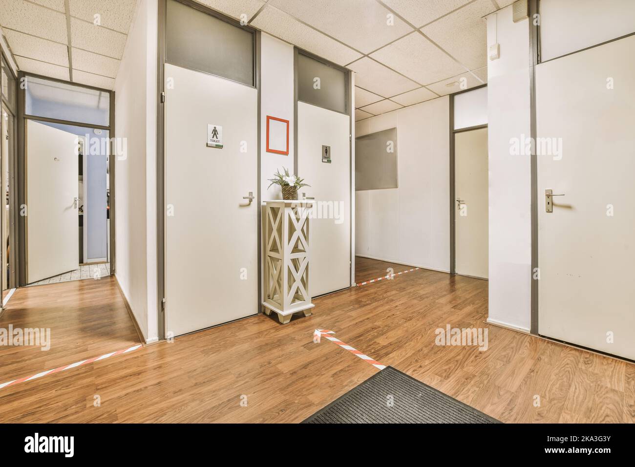 Interior of spacious light hallway with toilet door with gender signs ...