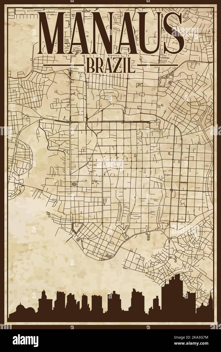 Hand-drawn downtown streets network printout map of MANAUS, BRAZIL ...