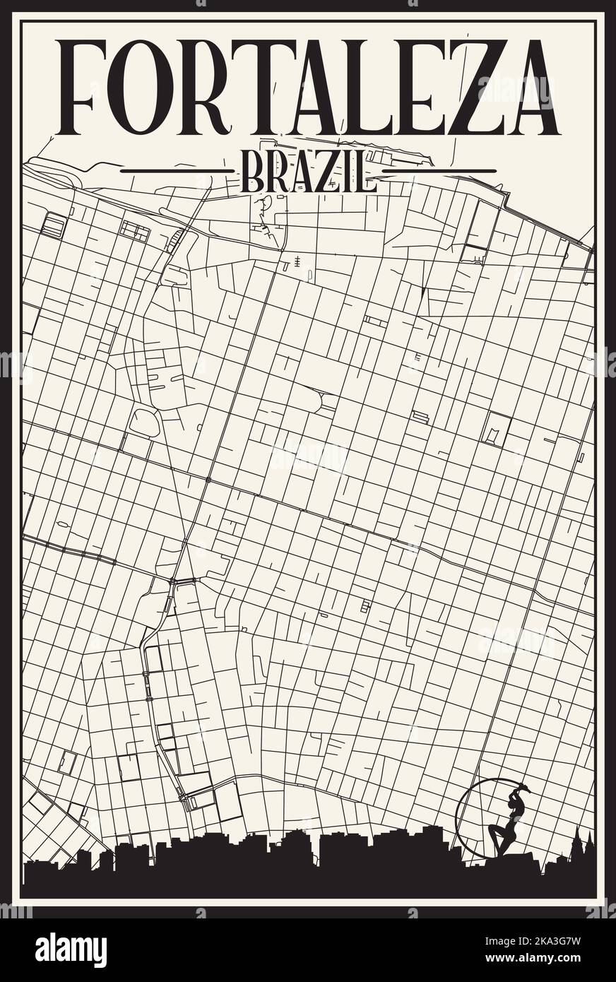 Hand-drawn downtown streets network printout map of FORTALEZA, BRAZIL ...