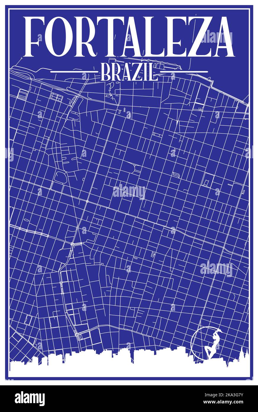 Hand-drawn downtown streets network printout map of FORTALEZA, BRAZIL ...