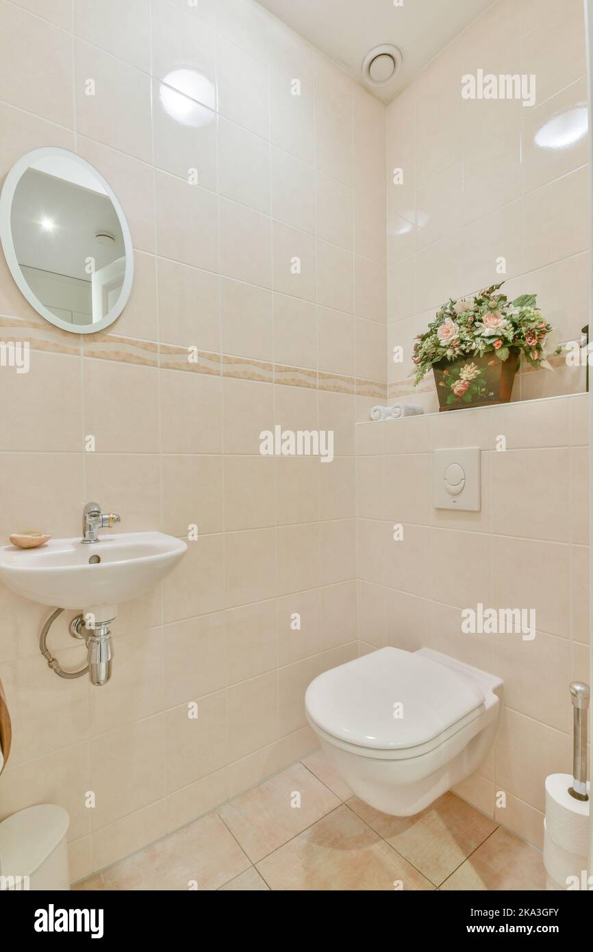 From above toilet bowl in a sink with white walls next to sink with ...