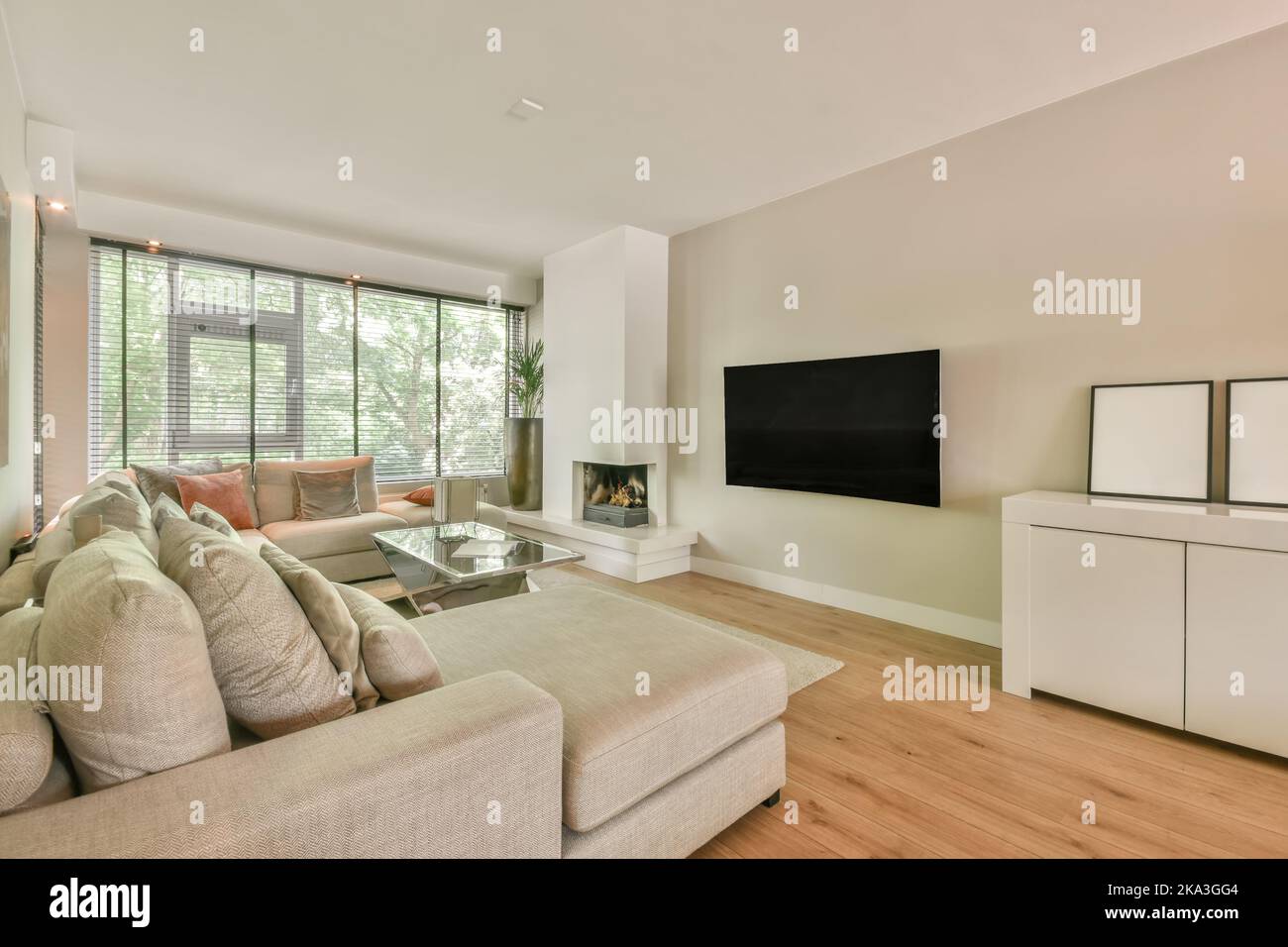 Modern interior of dining room with television by the wall Stock Photo ...