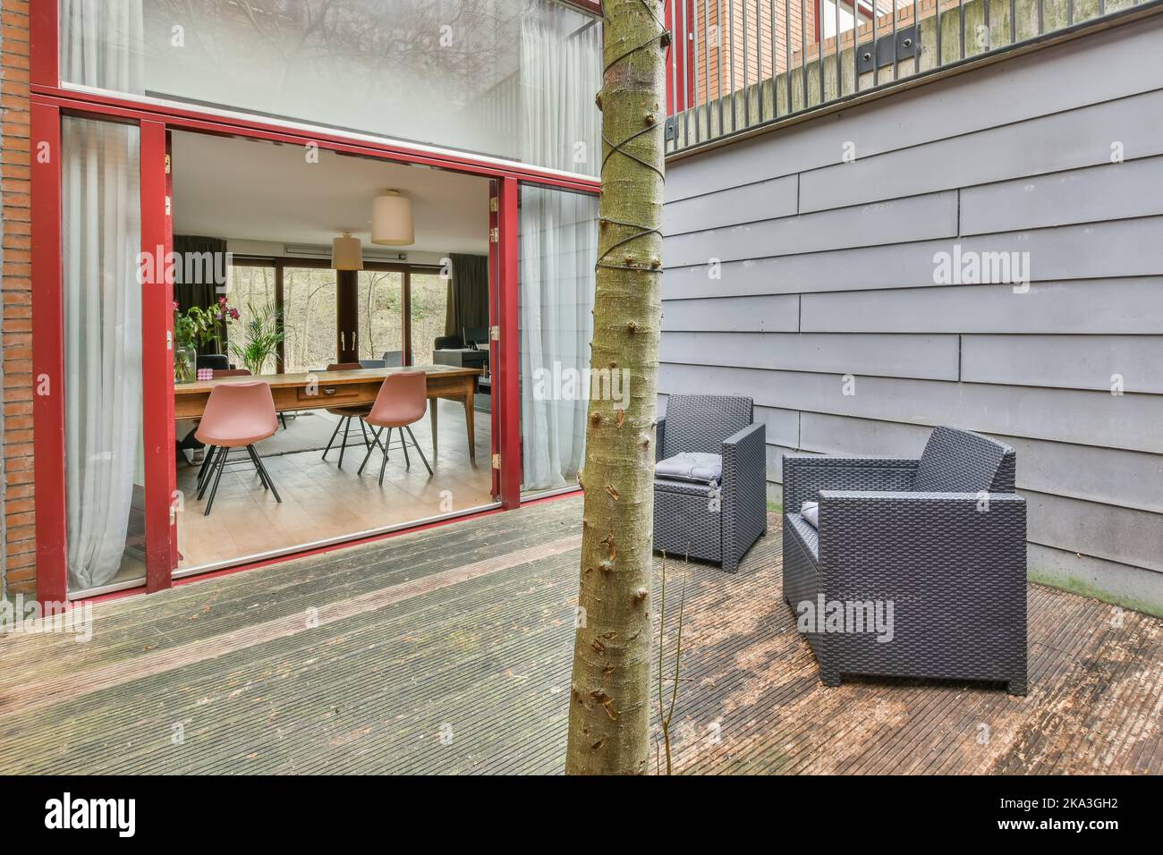 Terrace of residential building with comfortable seat in pavement in ...