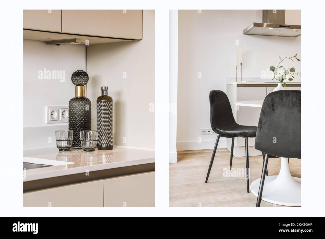 Contemporary counters in light kitchen with dining with bottles of ...