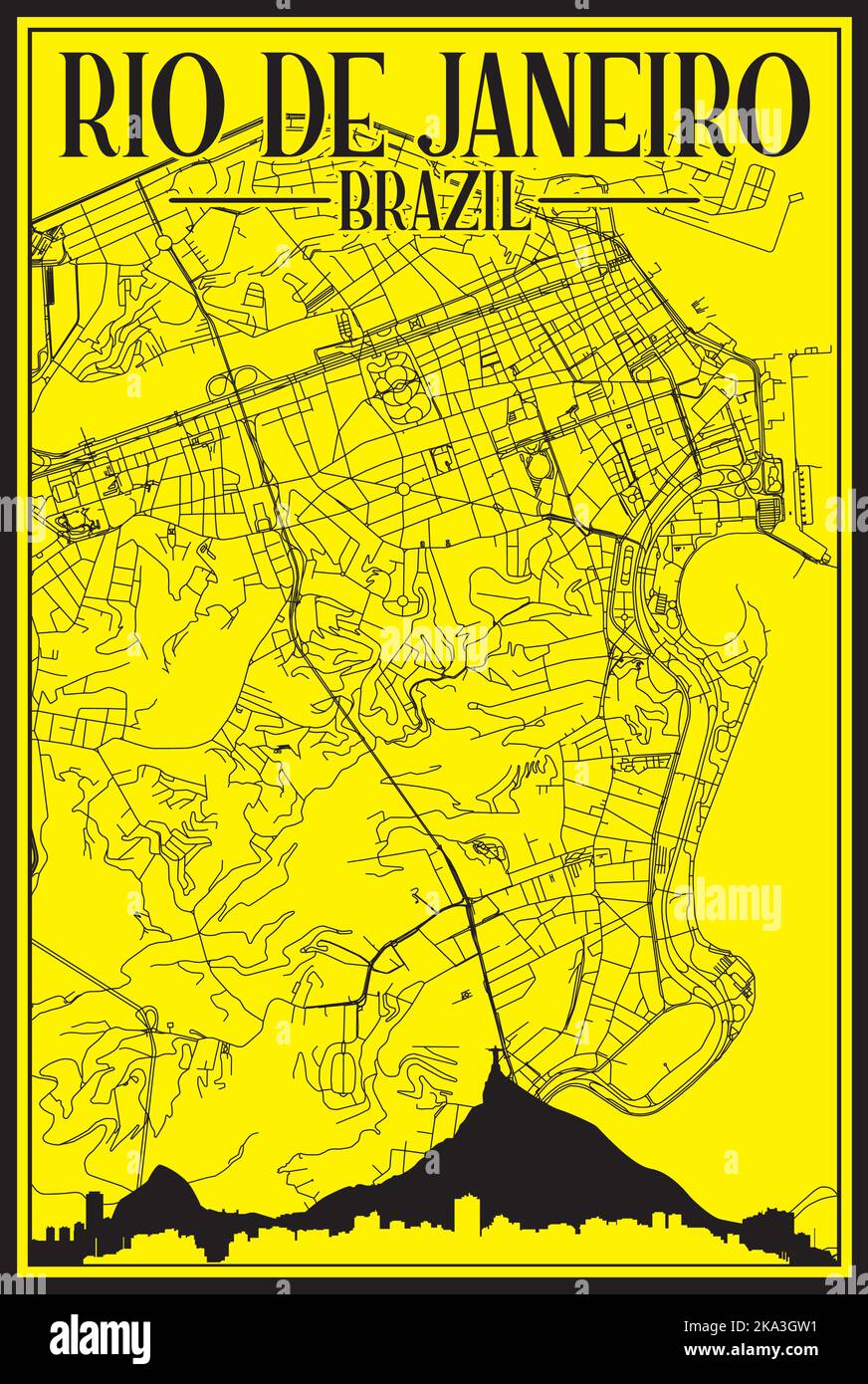 Hand-drawn downtown streets network printout map of RIO DE JANEIRO ...