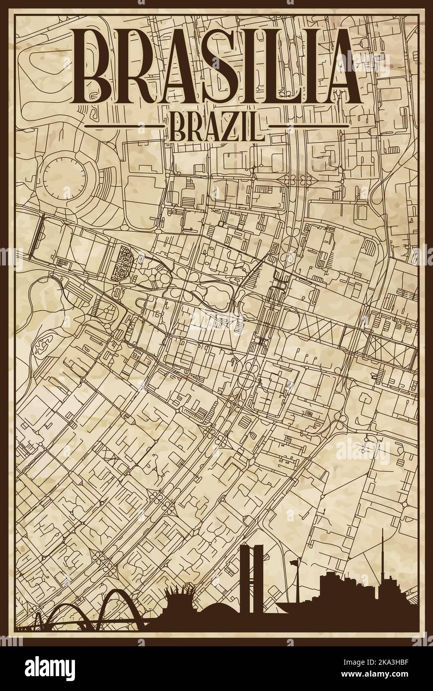 Hand-drawn downtown streets network printout map of BRASILIA, BRAZIL ...