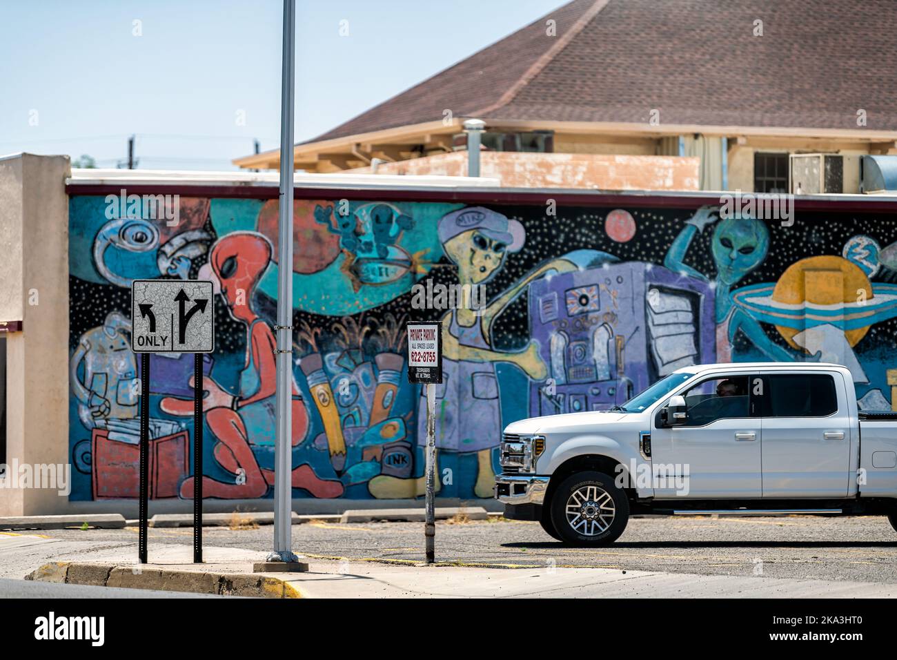 Roswell, USA - June 8, 2019: Building wall colored in alien theme mural ...