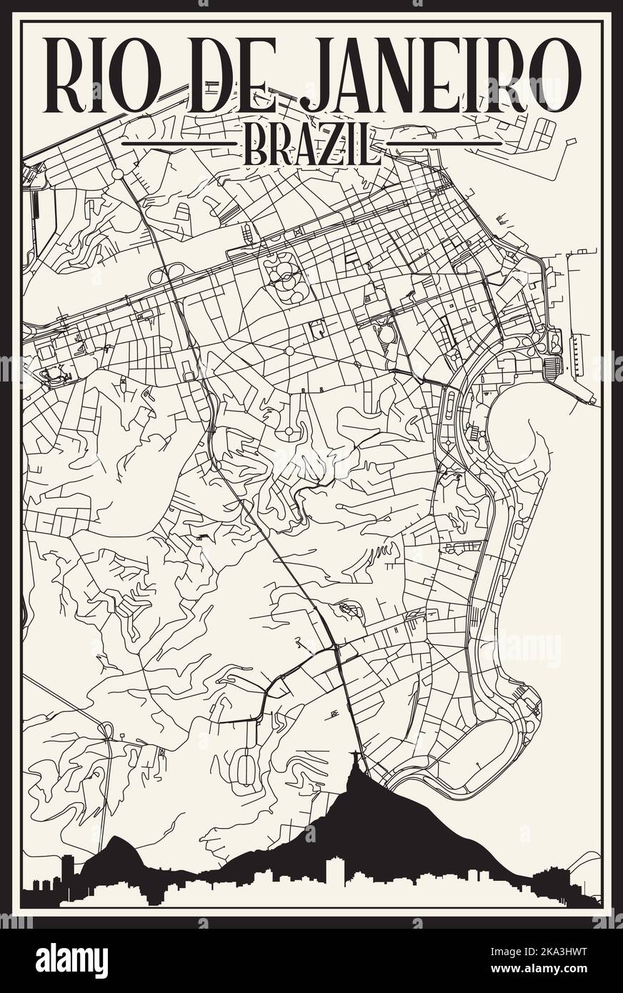 Hand-drawn downtown streets network printout map of RIO DE JANEIRO ...