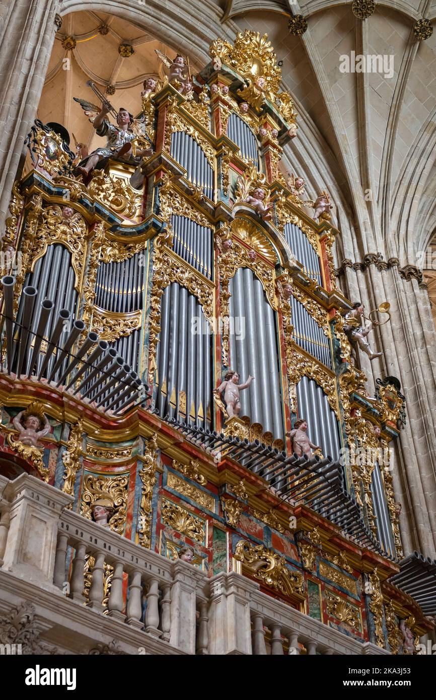 A closeup of the Tube organ inside the Gothic cathedral of Salamanca ...