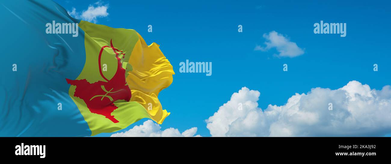 flag of Berbers Shilha people at cloudy sky background, panoramic view ...