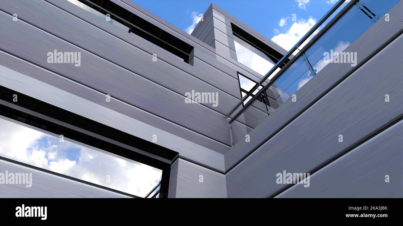 Bottom view of a futuristic house finished with metal. Looks good in ...