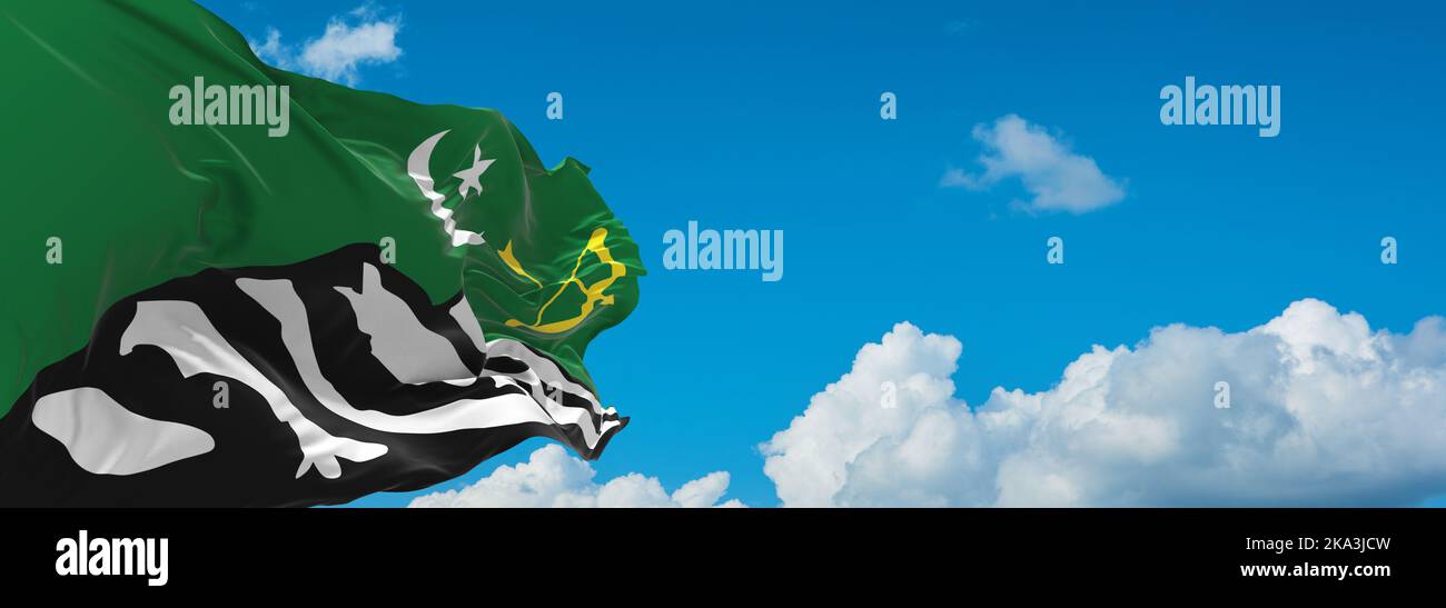 flag of Burusho people at cloudy sky background, panoramic view. flag ...