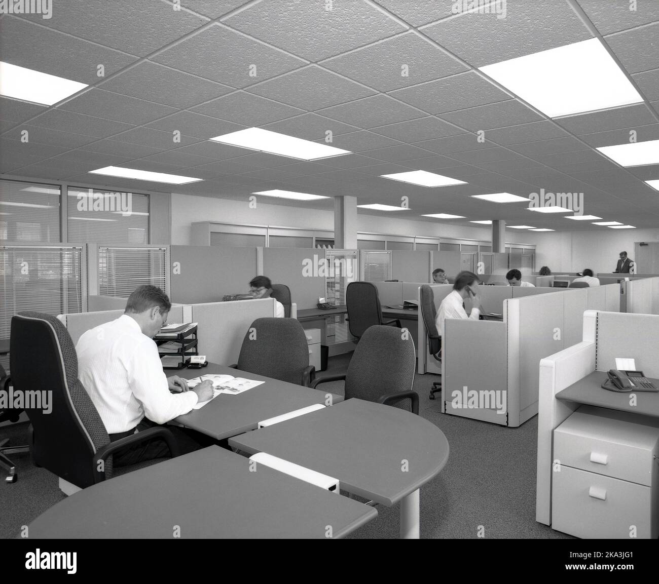 1989, historical, semi open-plan office, male employees working at ...