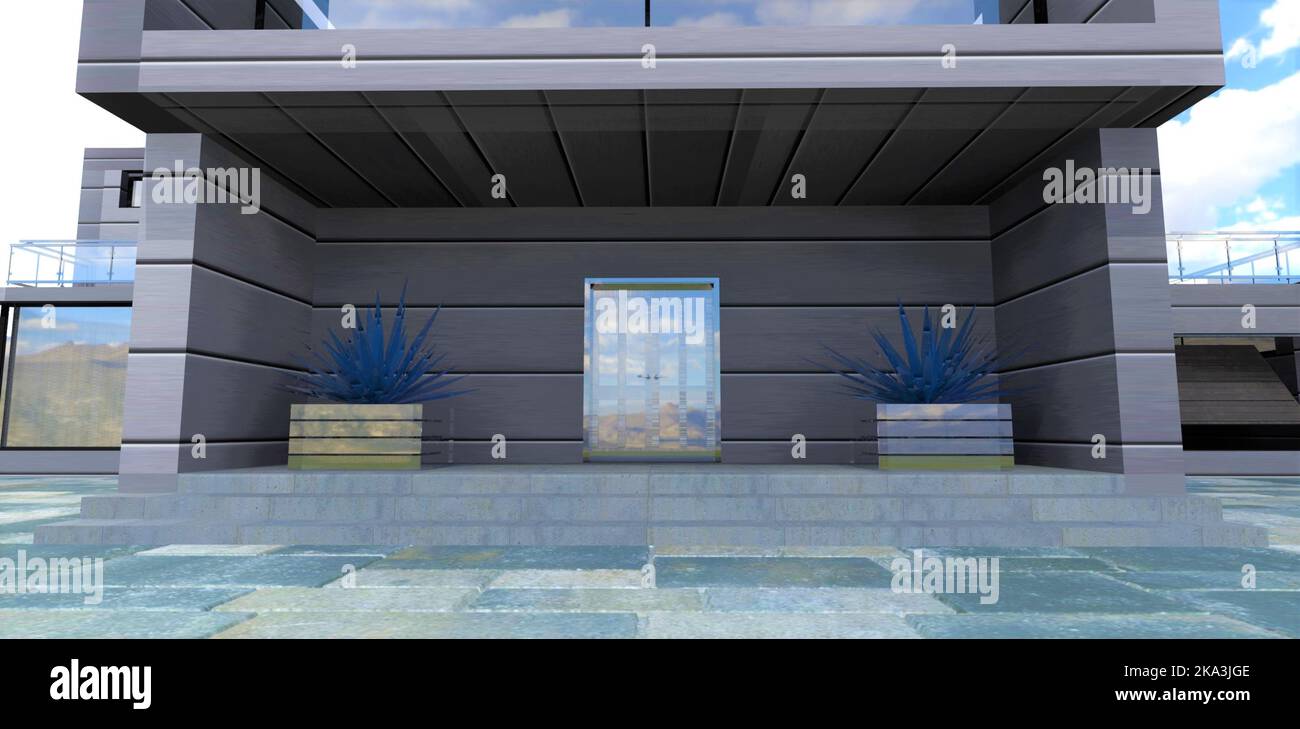Futuristic porch. aluminum facade. Entrance door in stainless steel ...