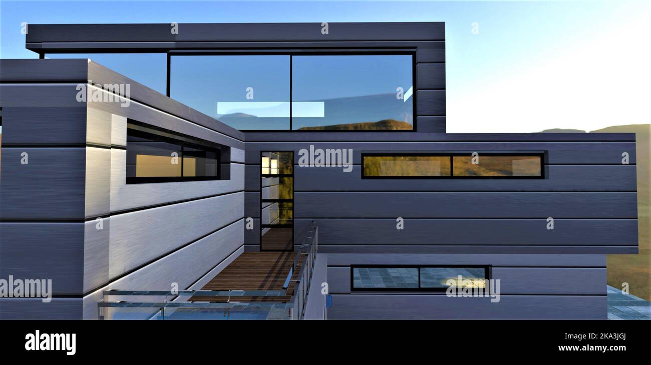 Stylish facade of a country house finished with a material similar to ...