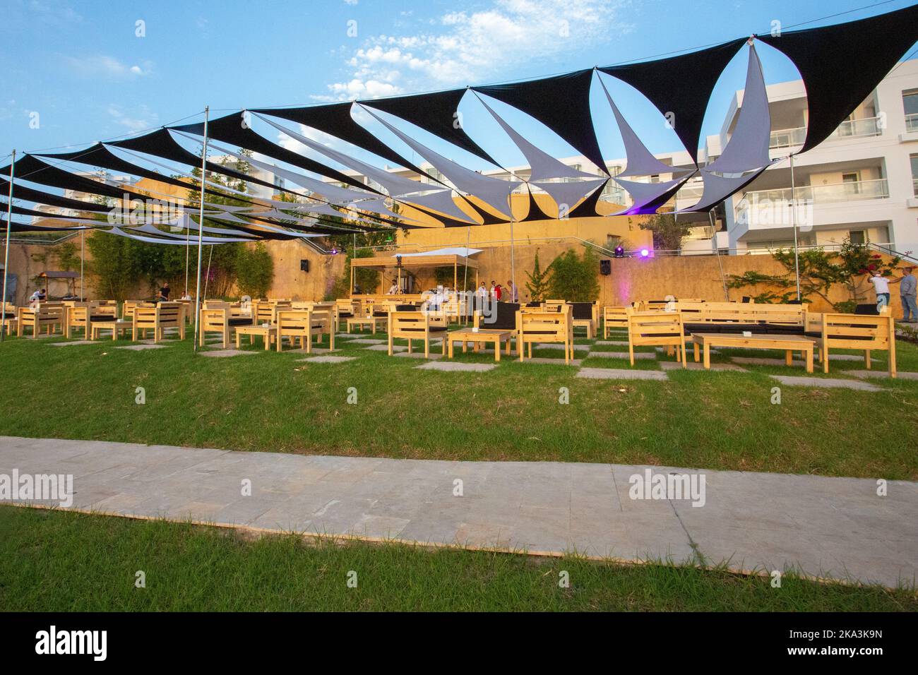 hotel patio terrace with wooden furniture Stock Photo - Alamy