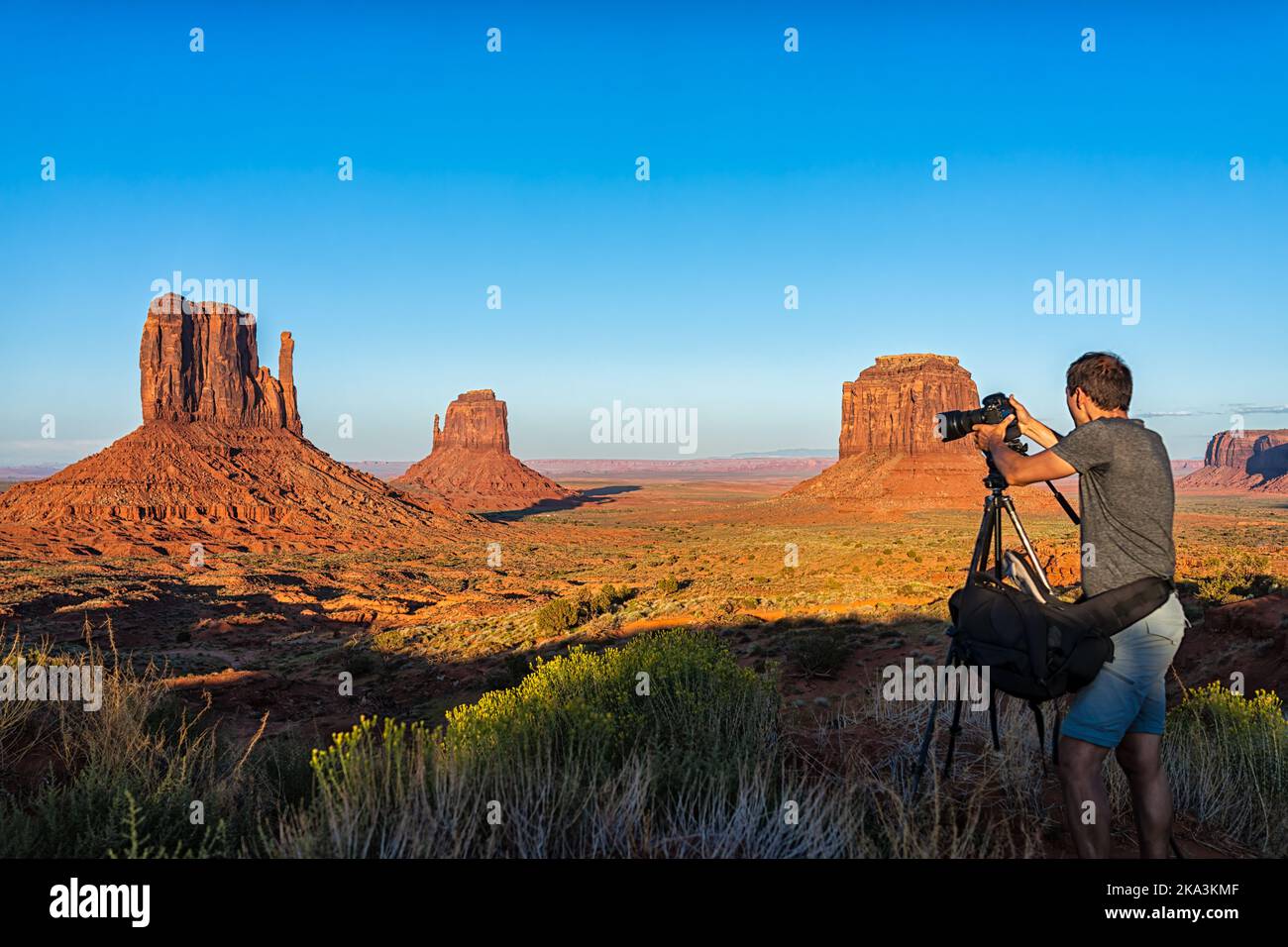Famous buttes and horizon view in Monument Valley at sunset light in ...