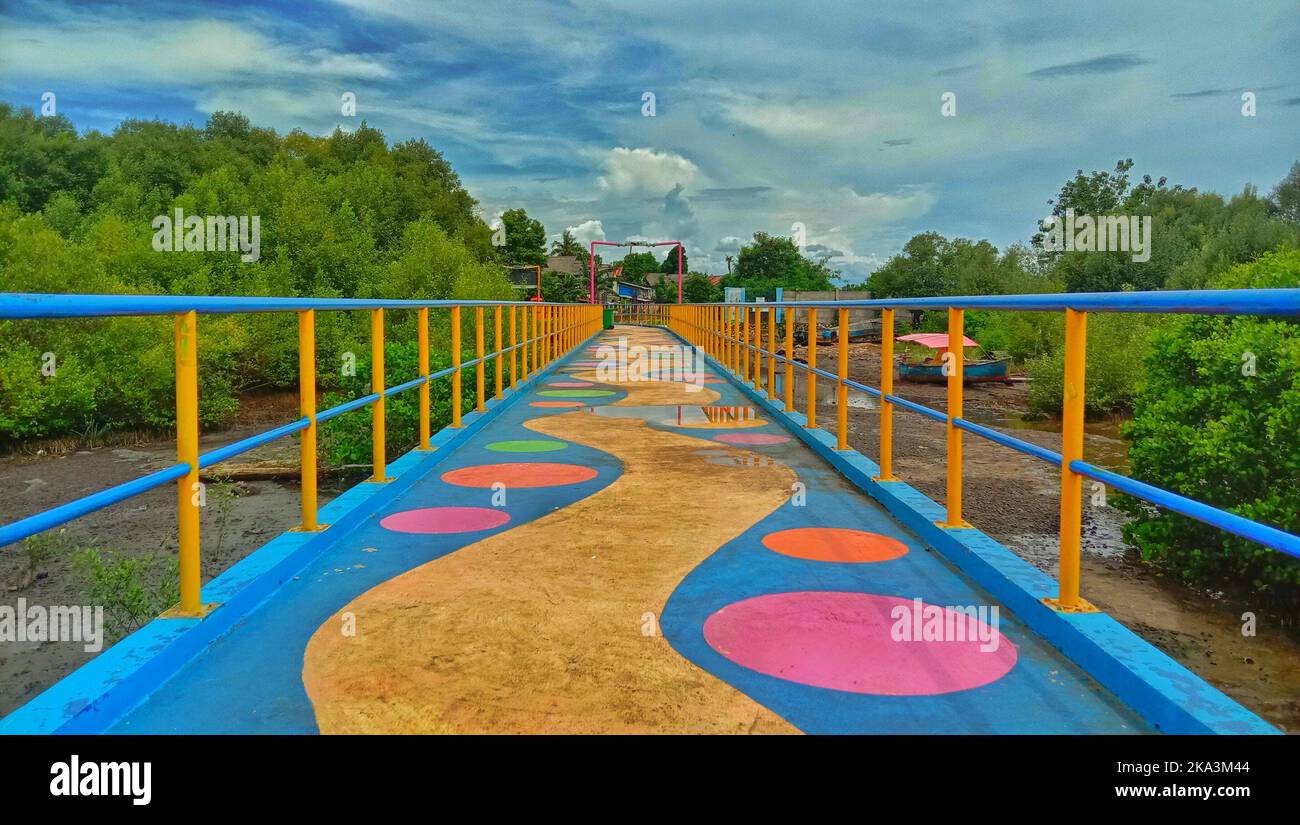 A colorful stone bridge to the swamp in a rural area in cloudy sky ...