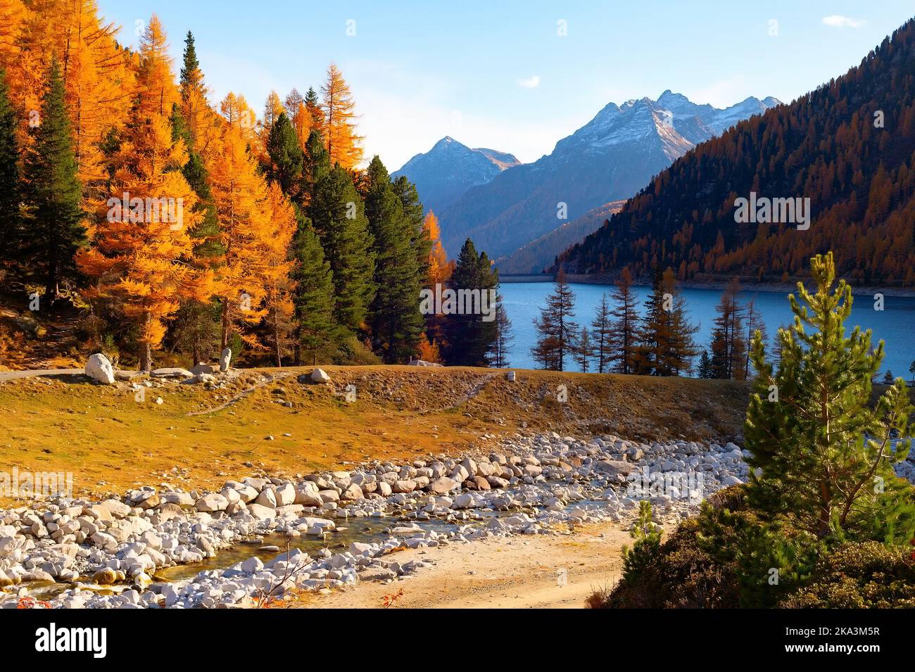 Scenic autumn Alps landscape with golden trees river and mountain peaks ...