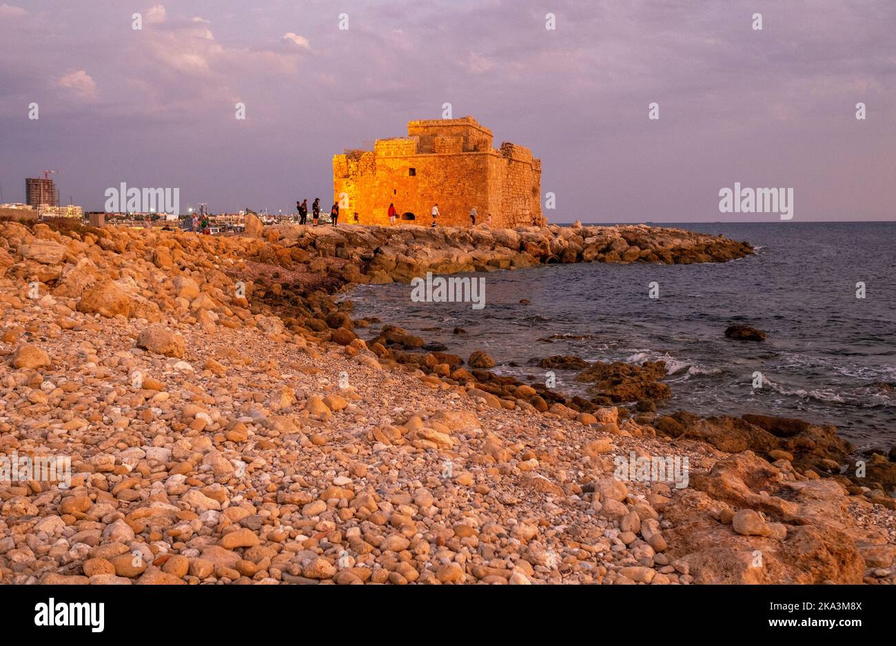 Golden glow on Paphos Castle (Fort) after sunset, Paphos, Cyprus Stock ...