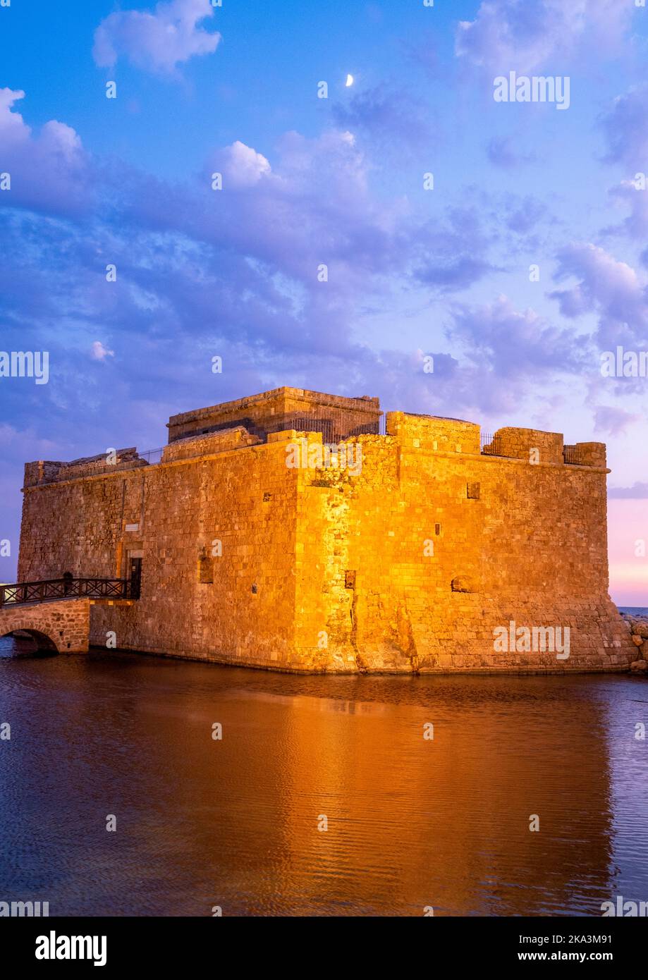 Golden glow on Paphos Castle (Fort) after sunset, Paphos, Cyprus Stock ...