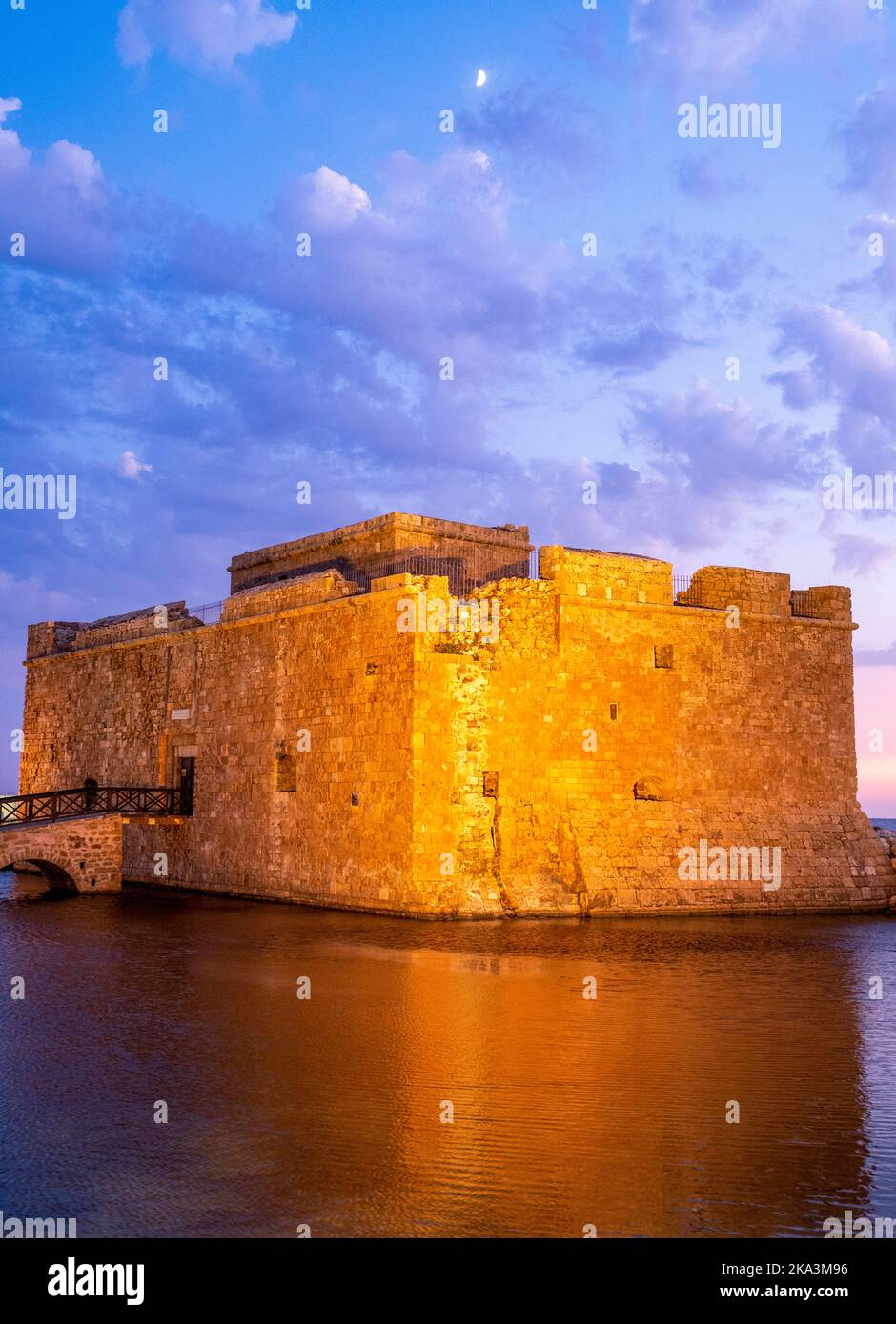 Golden glow on Paphos Castle (Fort) after sunset, Paphos, Cyprus Stock ...