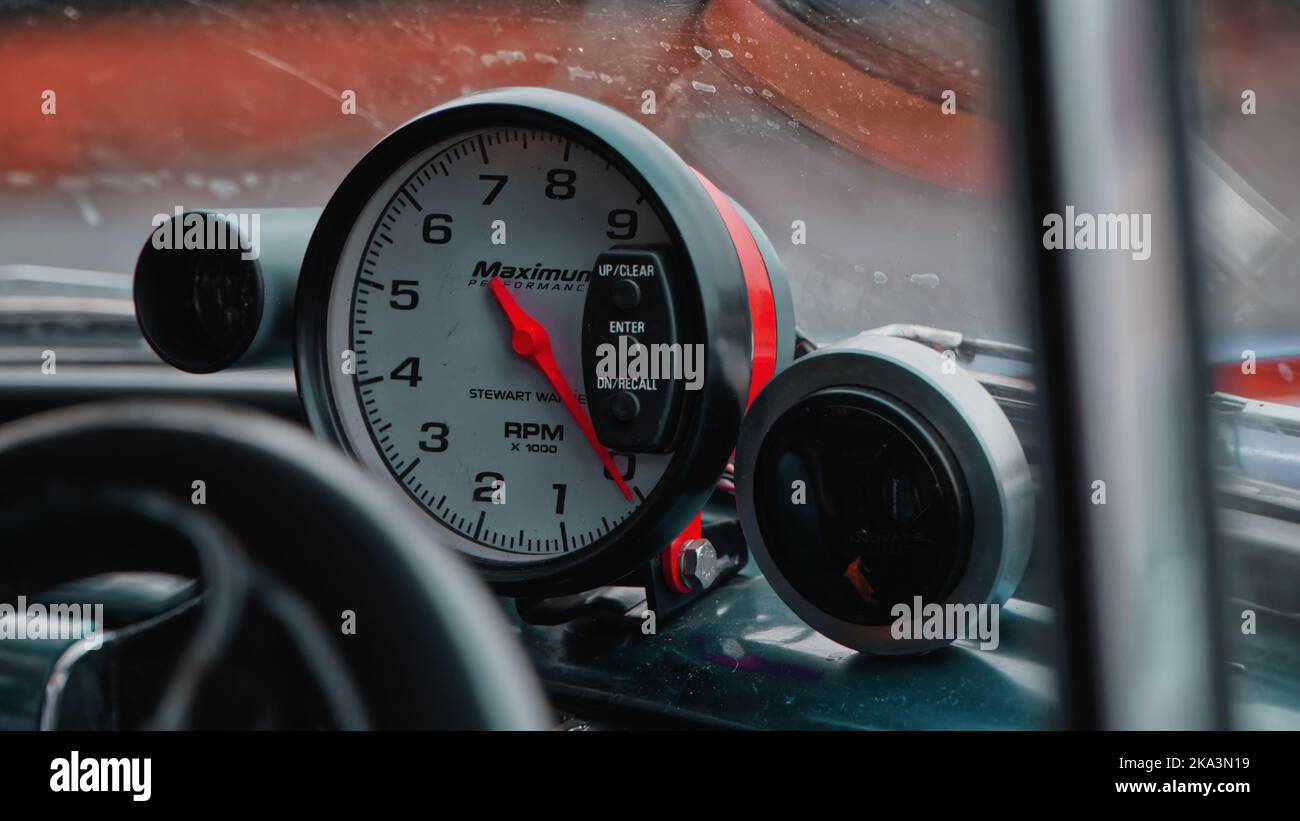 vintage vehicle tachomoter in a car taken through a window Stock Photo ...