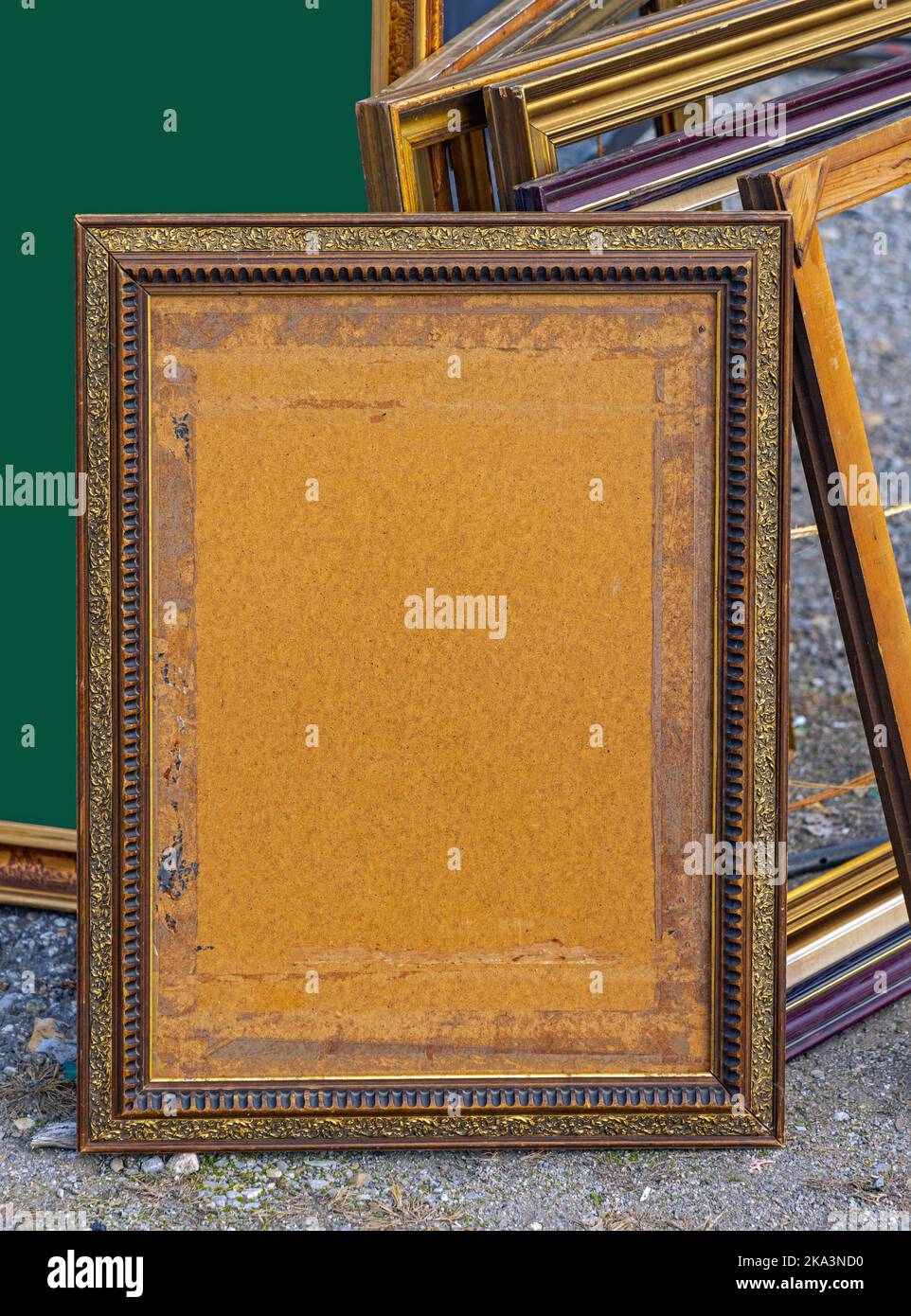 Empty old Used Gold Art Picture Frames at Antique Market Stock Photo ...