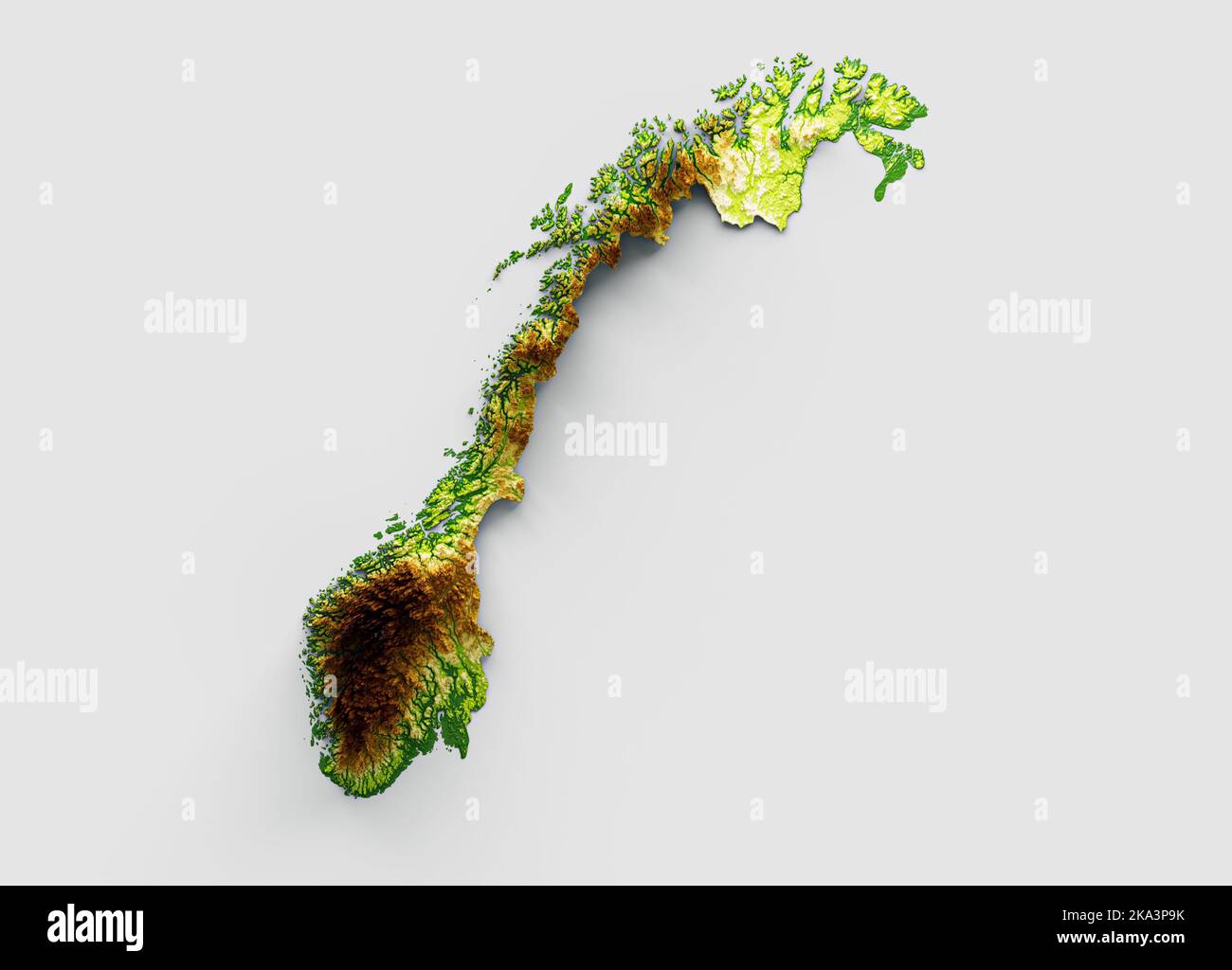 A 3D rendering of the physical map of Norway isolated on a white ...