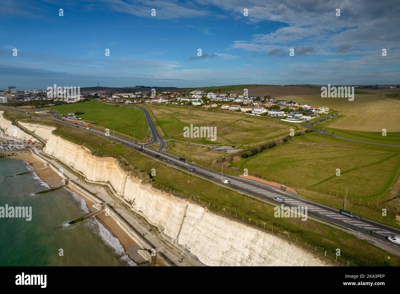 An aerial view of the Roedean School, cliffs, and the beach in Brighton ...