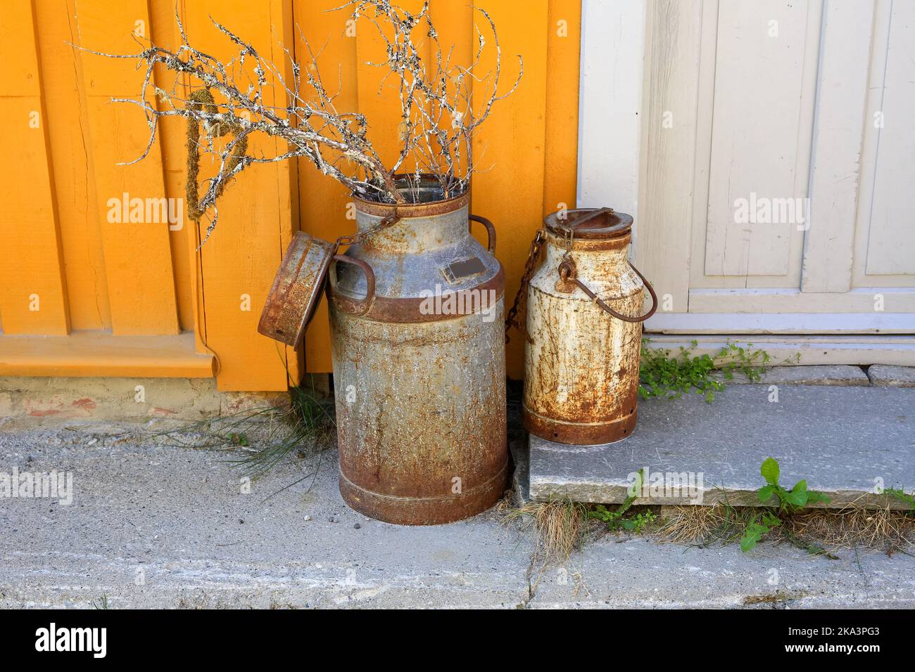 Old-fashioned rustic milk jugs as a street installation Stock Photo - Alamy