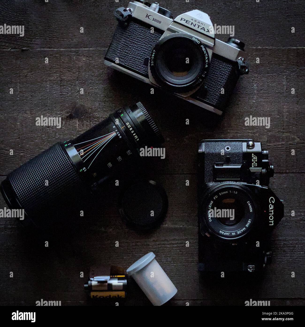 A vertical top view of Canon cameras from different time periods on a ...