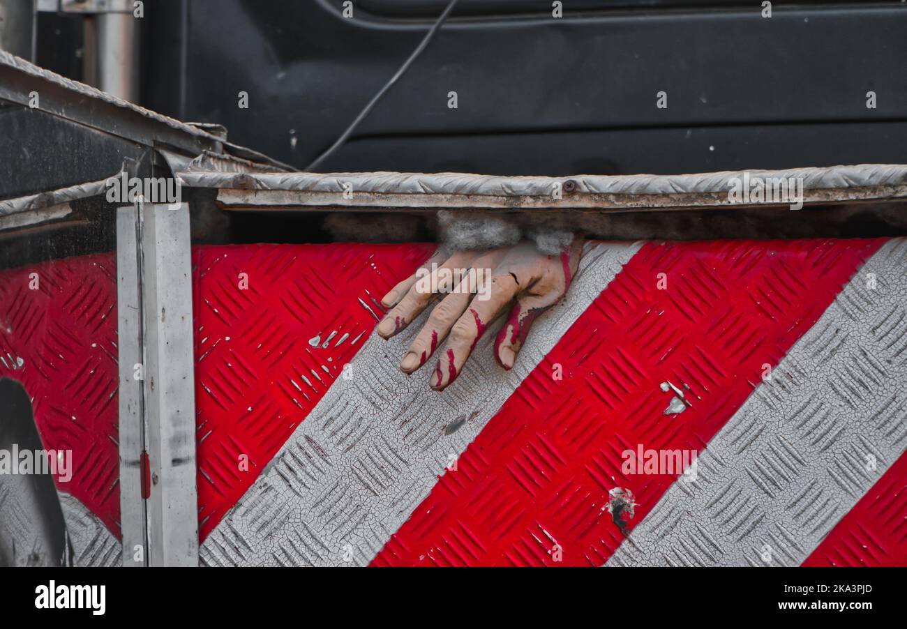 fake prop hand with blood coming out of box in trunk Stock Photo - Alamy