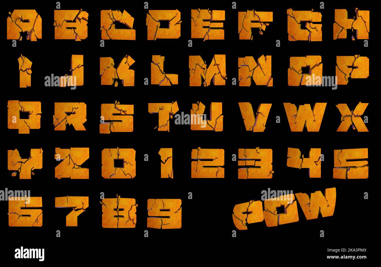 An illustration of a bold yellow alphabet and number font with cracles ...