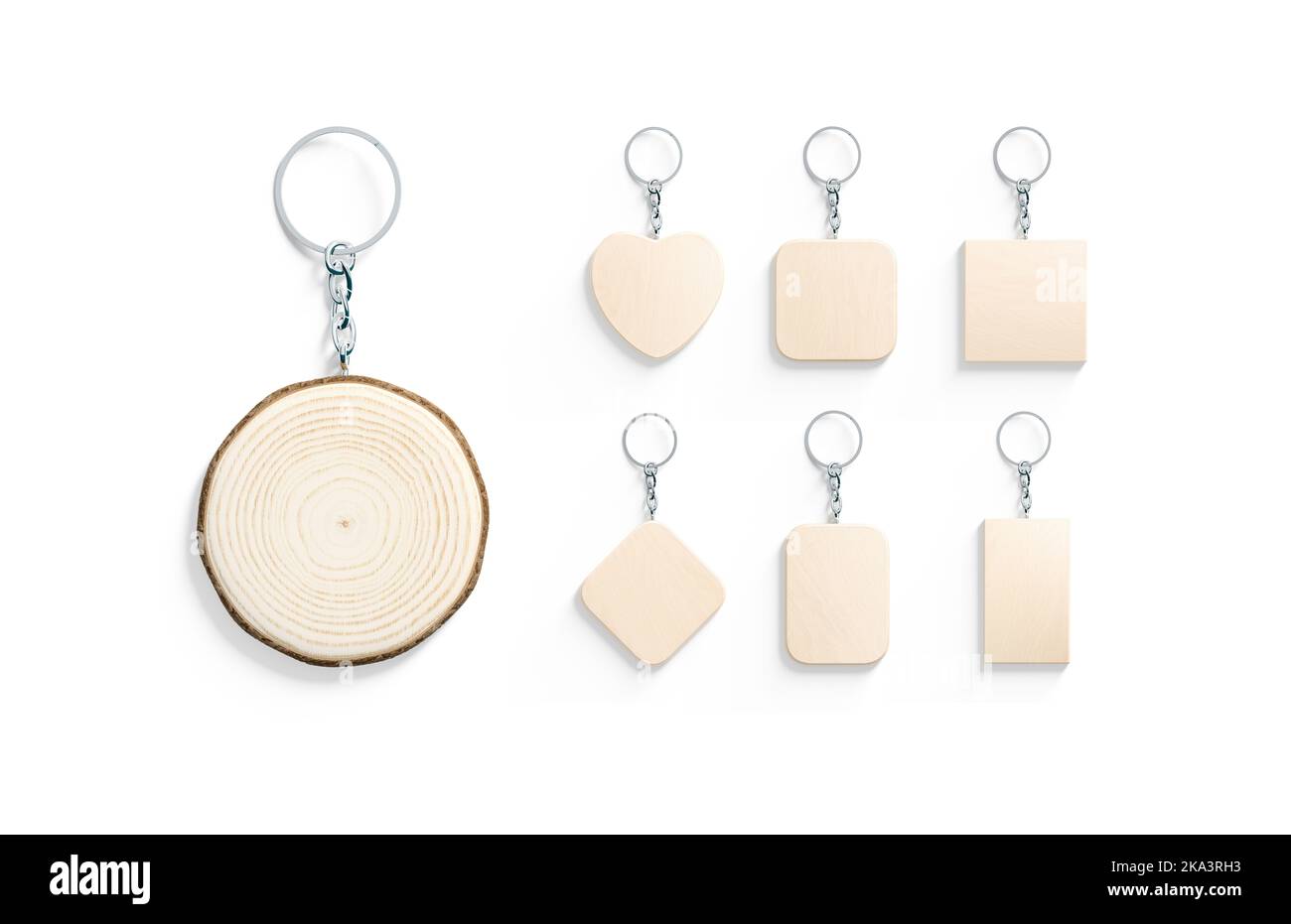 Blank wooden tag on chain mock up, different shapes, 3d rendering ...