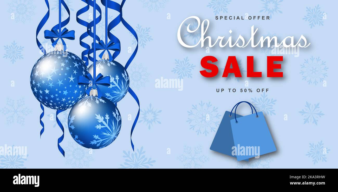 Christmas sale banner with decoration balls and ribbons. Christmas ...