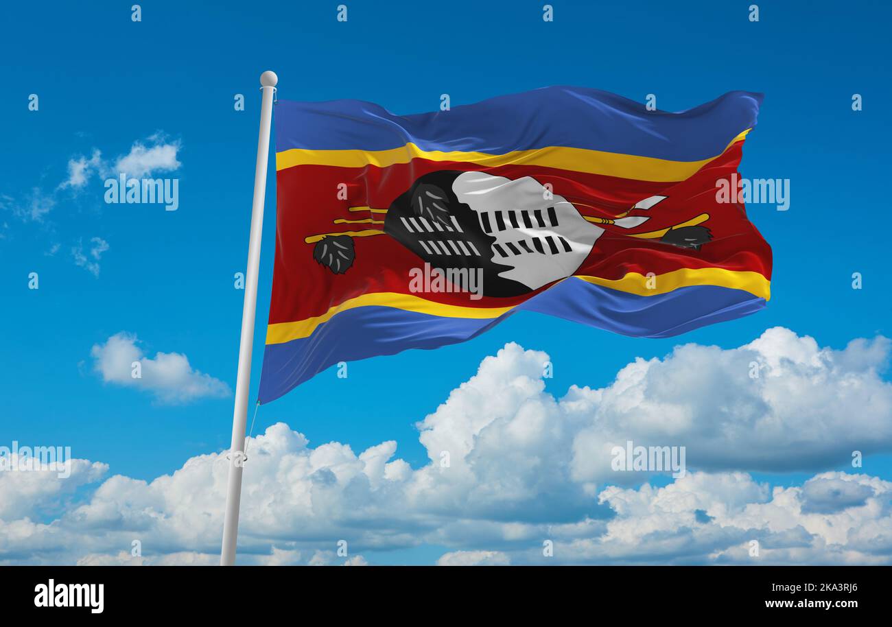 flag of Bantu peoples Swazi people at cloudy sky background, panoramic ...