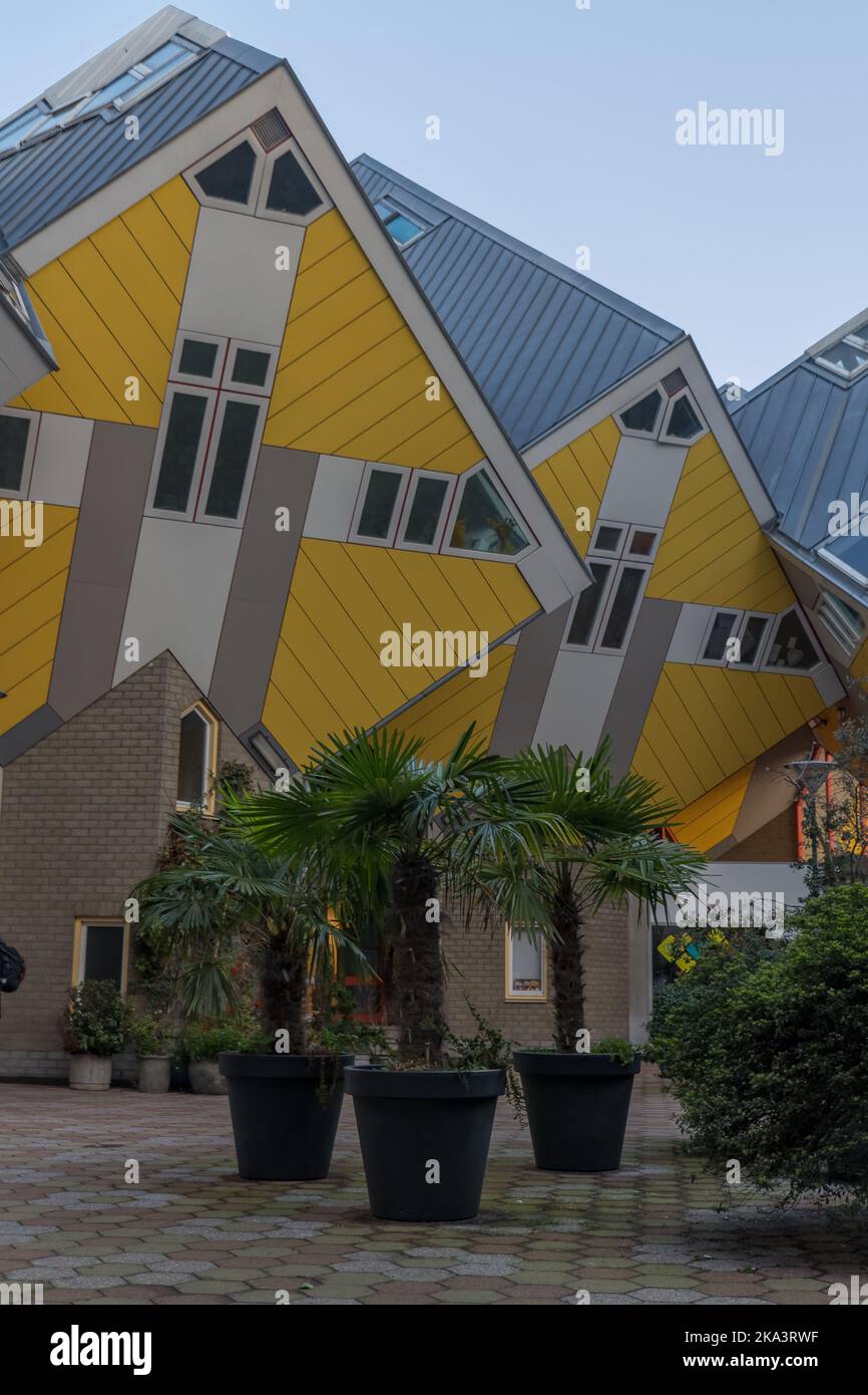 An exterior design of yellow Cube Houses (Kubuswoningen) in in the ...
