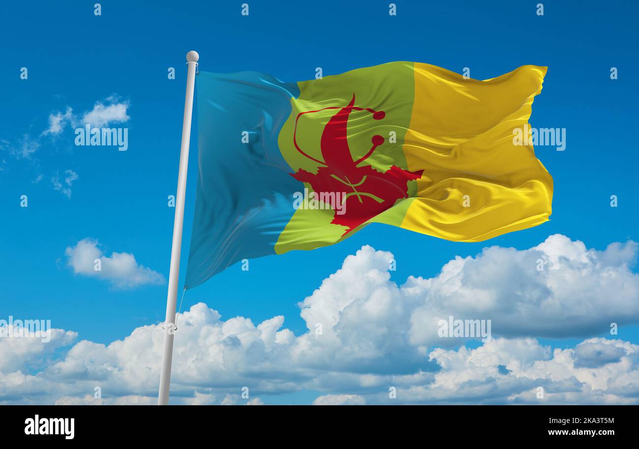 flag of Berbers Shilha people at cloudy sky background, panoramic view ...