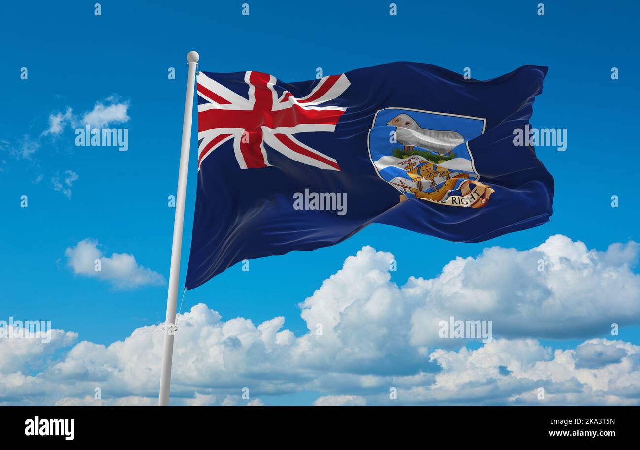 flag of British-Irish ancestry Falkland Islanders at cloudy sky ...