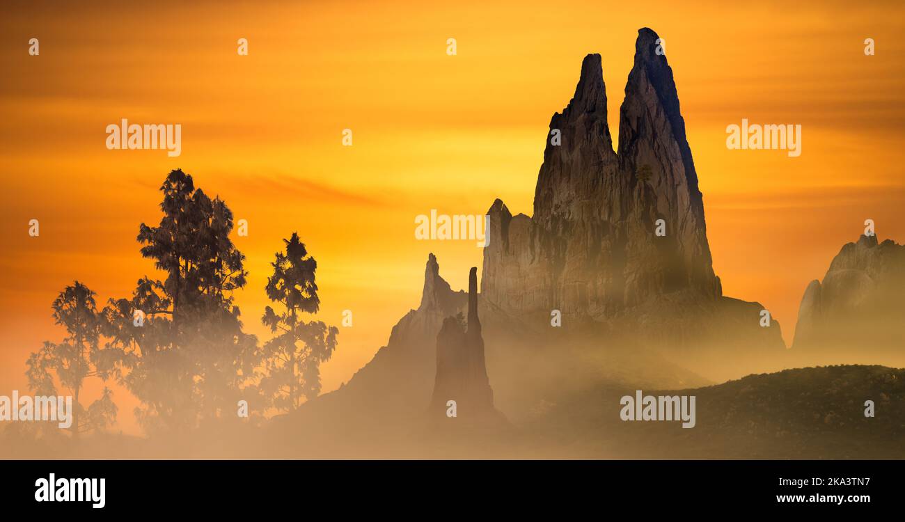 Digital composite of misty rock and mountain landscape with pine trees ...