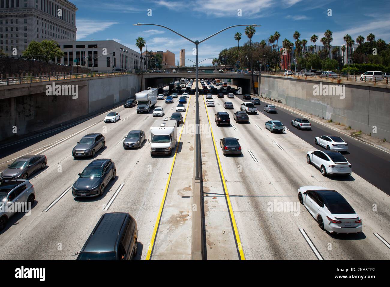 Aerial view of cars driving on the 101 freeway seen from North Main ...
