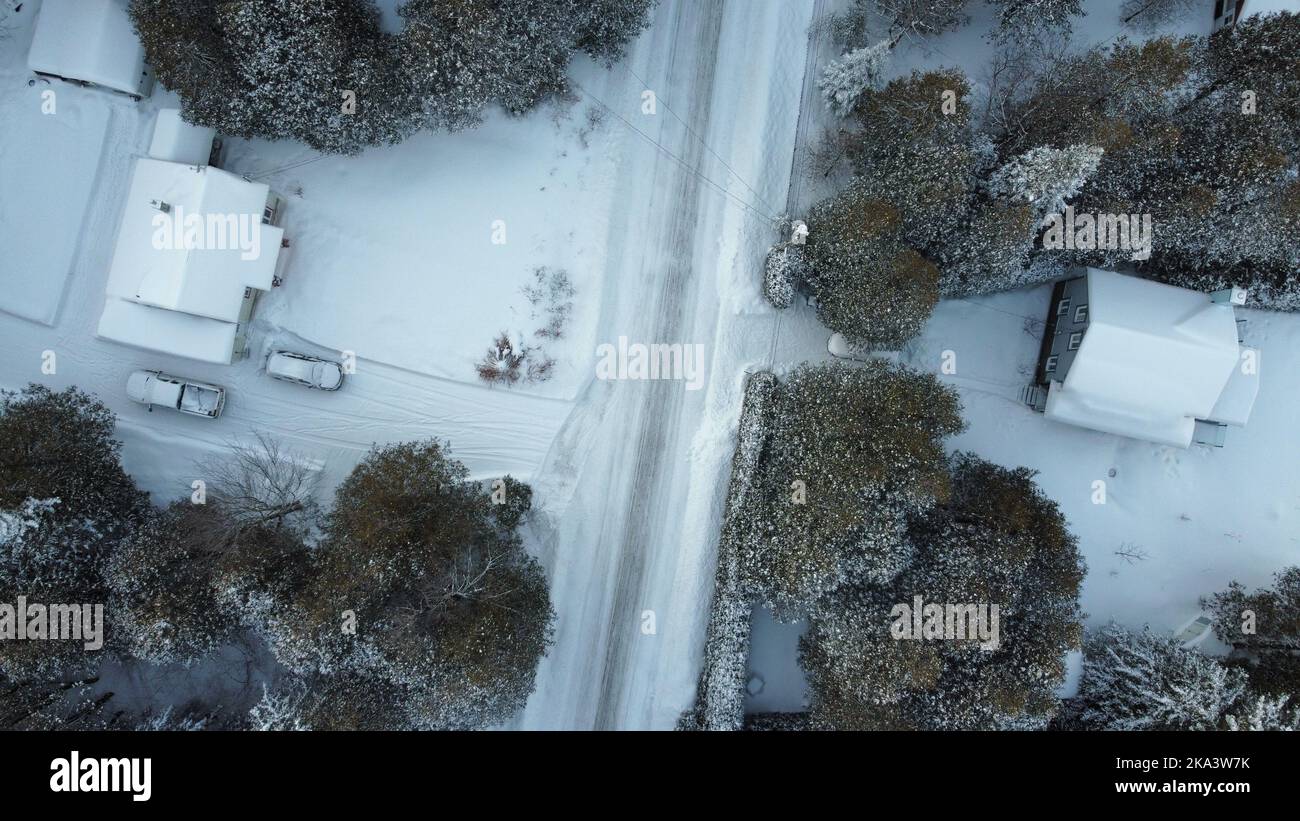 An aerial top view of a landscape with road, trees and houses covered ...