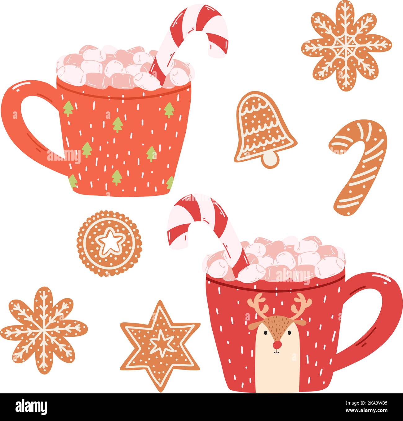 Cute mugs with marshmallows, candy cane and gingerbread cookies in ...
