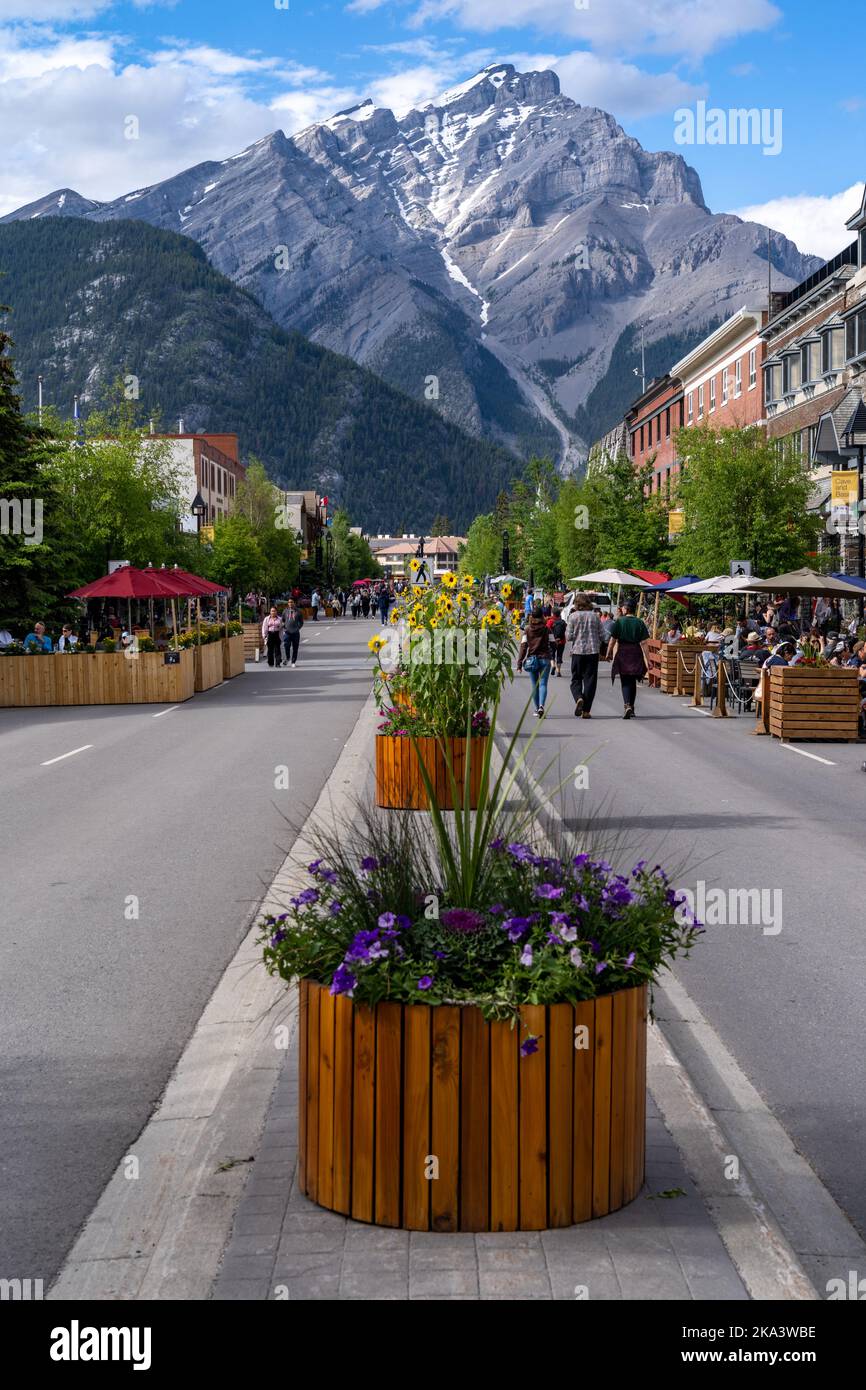Banff, Alberta, Canada - July 6, 2022: Potted flower plants along Banff ...