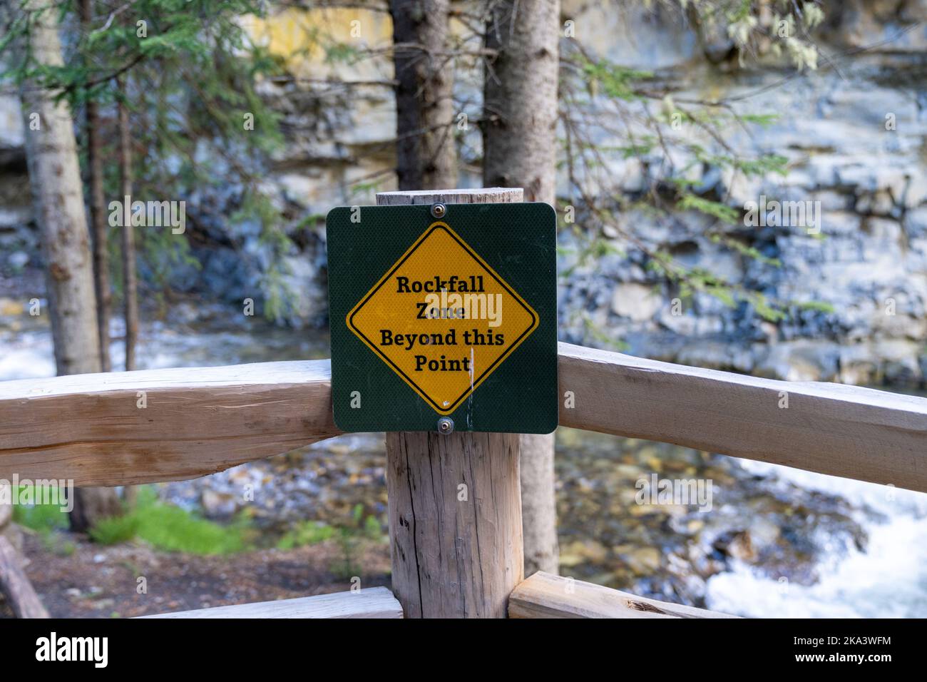 Rockfall Zone Beyond This Point sign at Troll Falls in Kananaskis ...